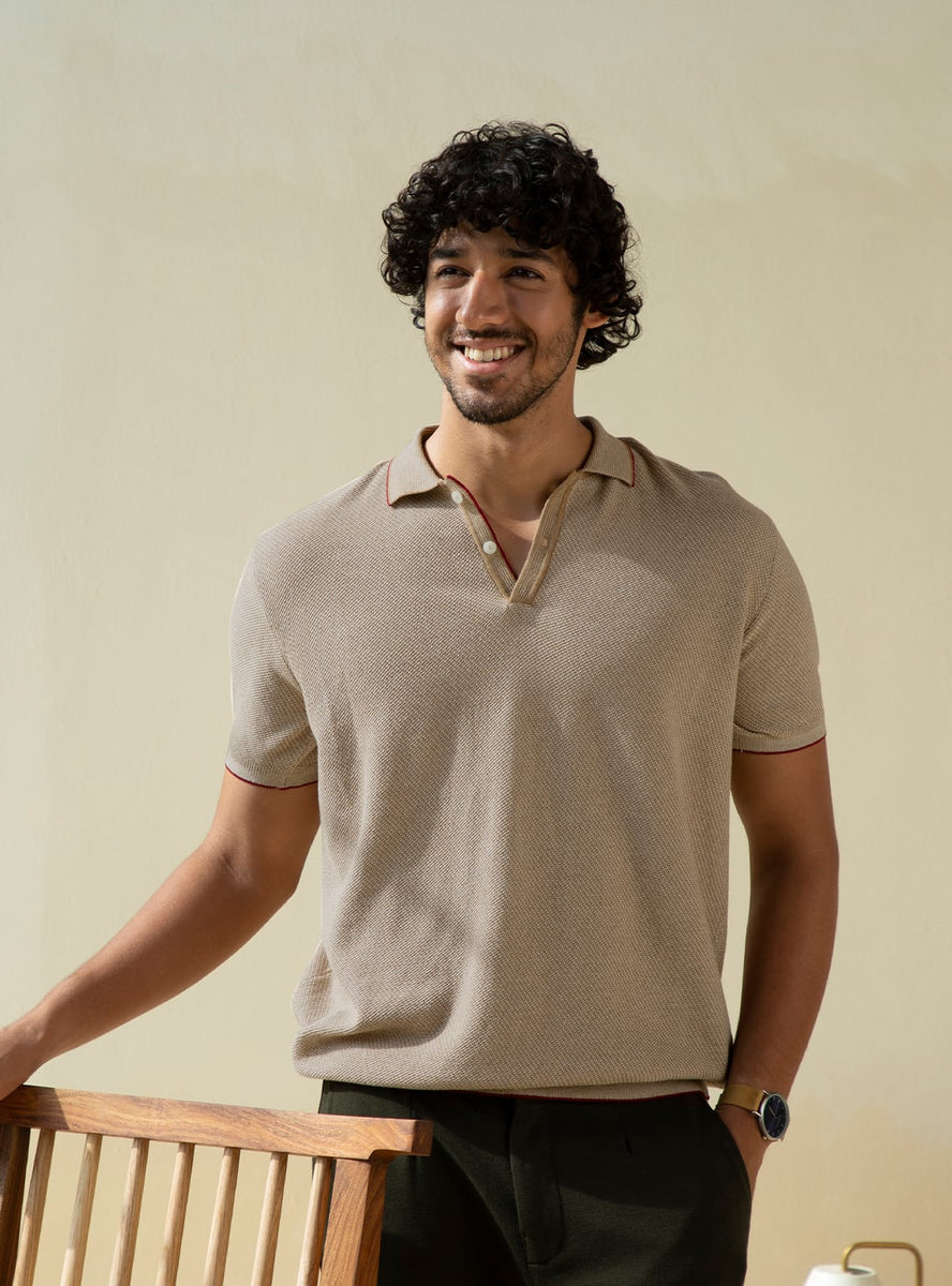 Buy Almond Grey Tipping Polo | Casual Khaki Solid Polos for Men Online | Andamen