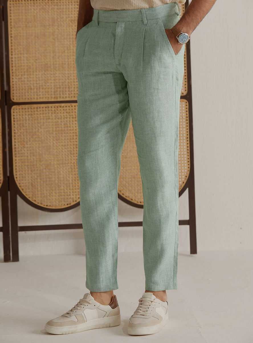 Buy Sea Foam Linen Pants | Casual Green Solid Pant for Men Online | Andamen