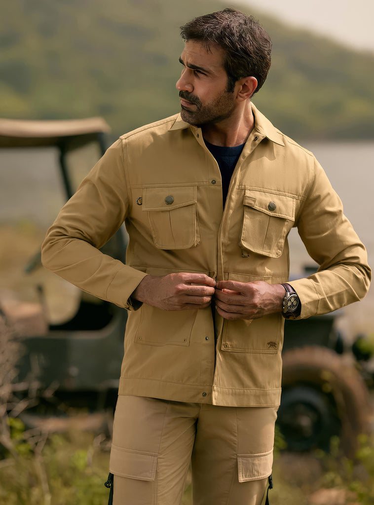 Buy Khaki Safari Cotton Jacket | Casual Khaki Solid Jacket for Men ...