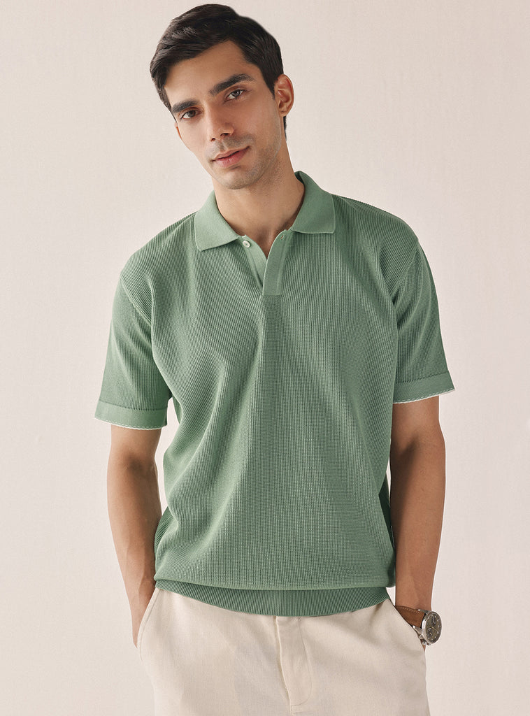 Buy Light Sage Cotton Textured Polo | Casual Green Structure Polo Neck ...