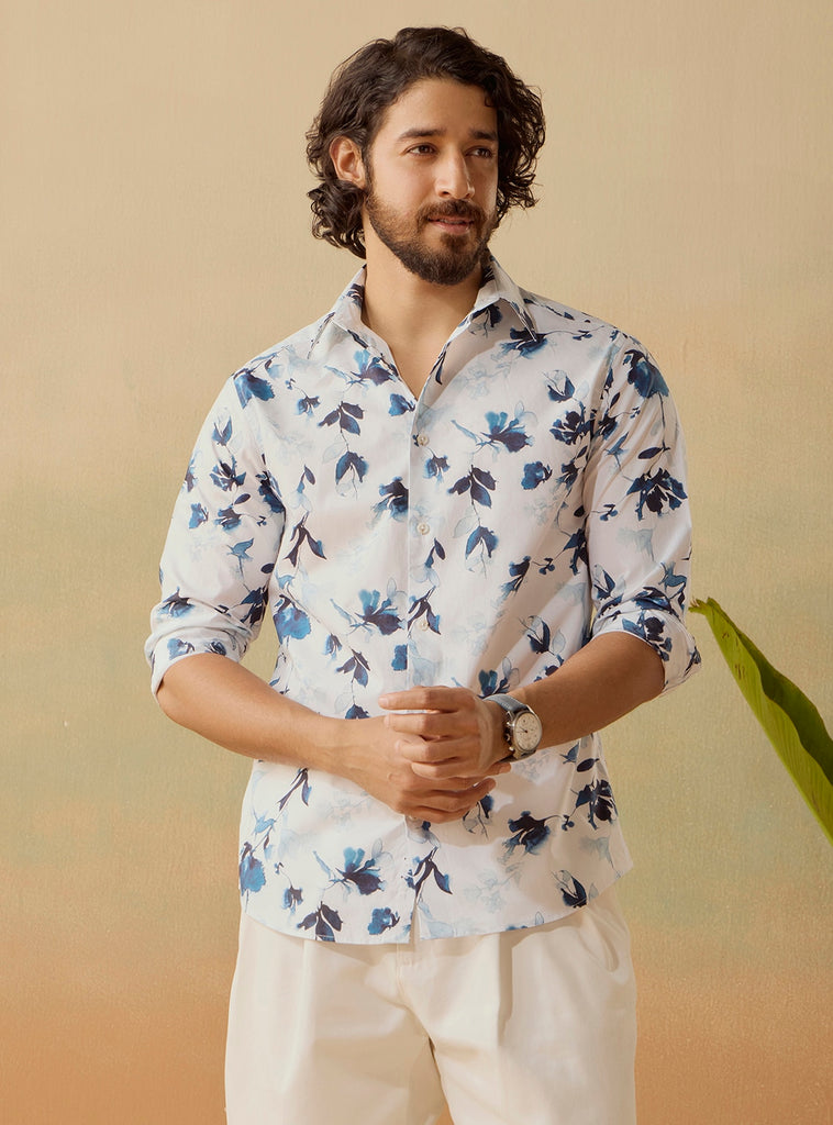 Andamen Ink Bloom Print Cotton Shirt