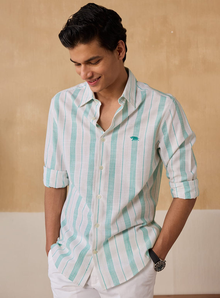 Buy Neptune Stripe Shirt | Casual Green Stripe Shirt for Men Online ...