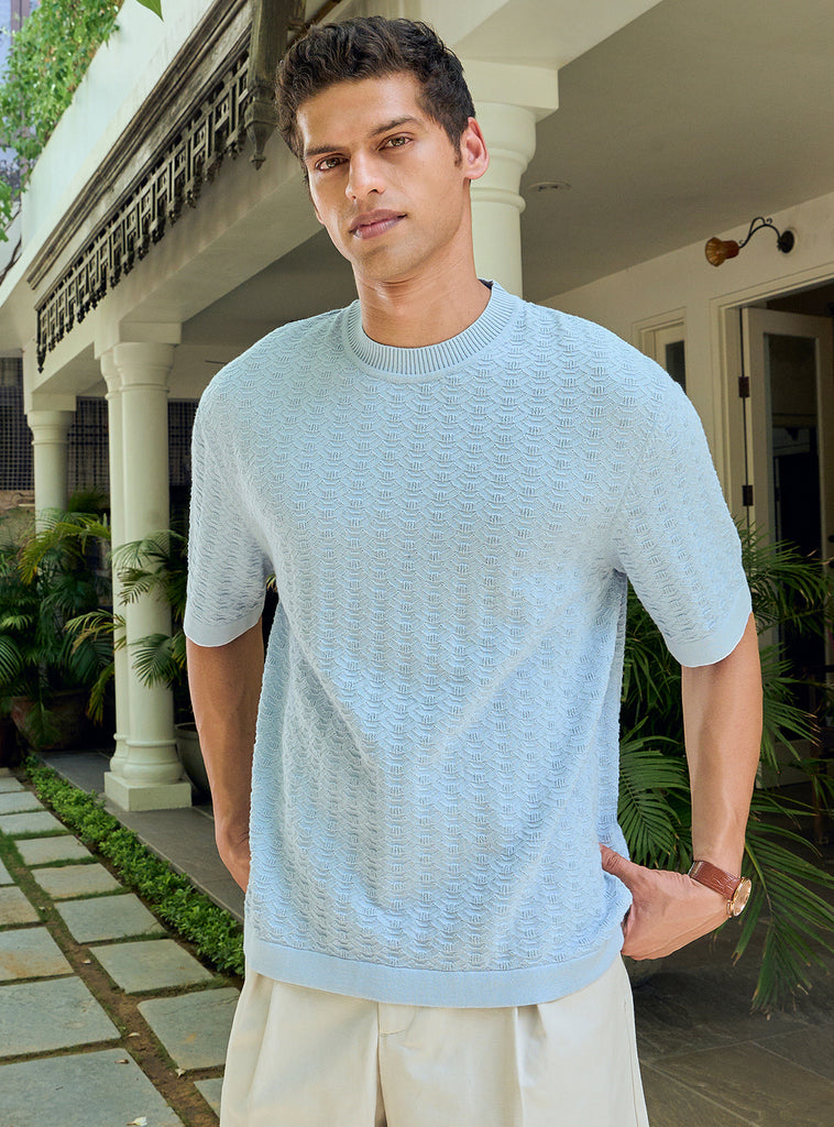 Buy Casper Blue Cotton Pointelle Crew | Casual Blue Structure Crew for ...