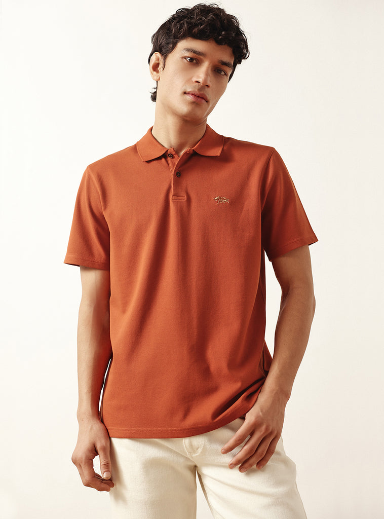 Buy Volcano Rust Cotton Lycra Pique Polo | Casual Rust Solid Polo for ...
