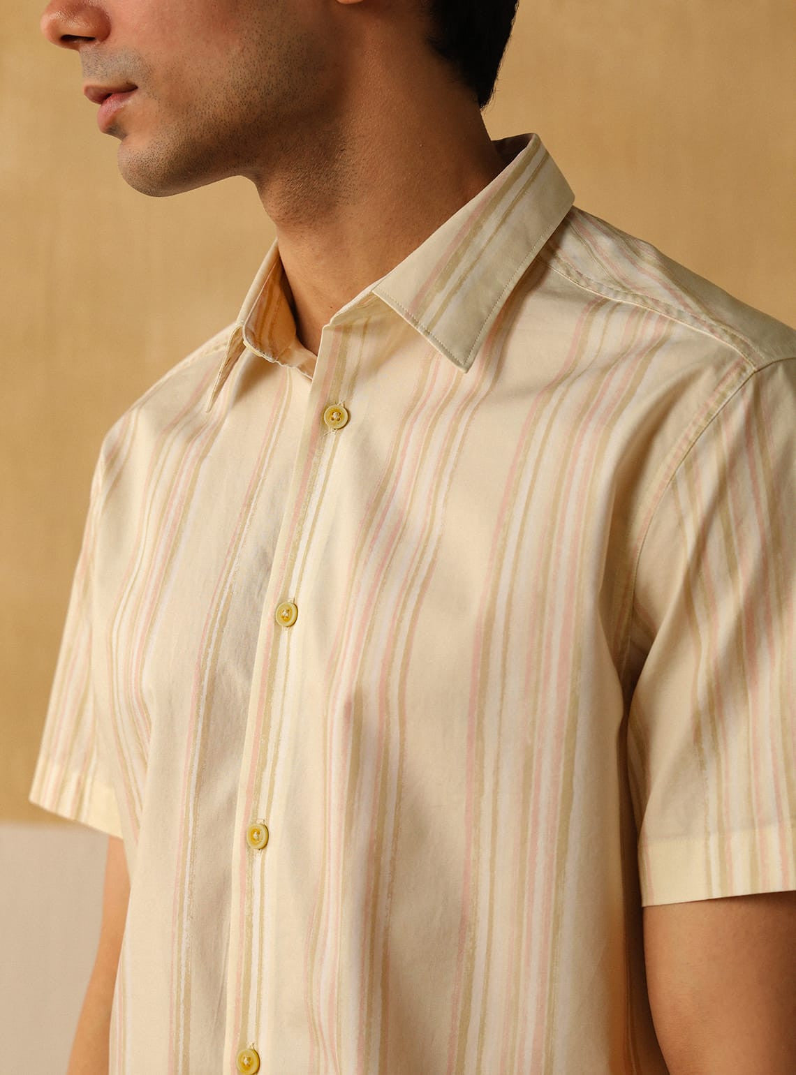 Buy Bone Stripe Shirt | Casual Beige Print Shirt for Men Online | Andamen