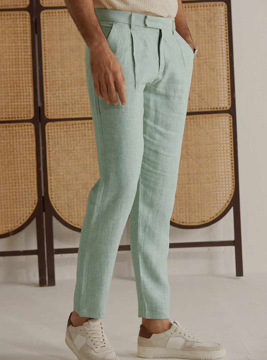 Buy Sea Foam Linen Pants | Casual Green Solid Pant for Men Online | Andamen
