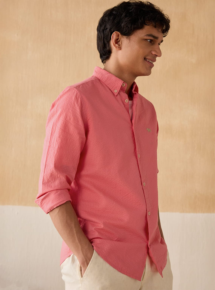 Buy Coral Seersucker Shirt | Casual Pink Solid Shirt for Men Online ...