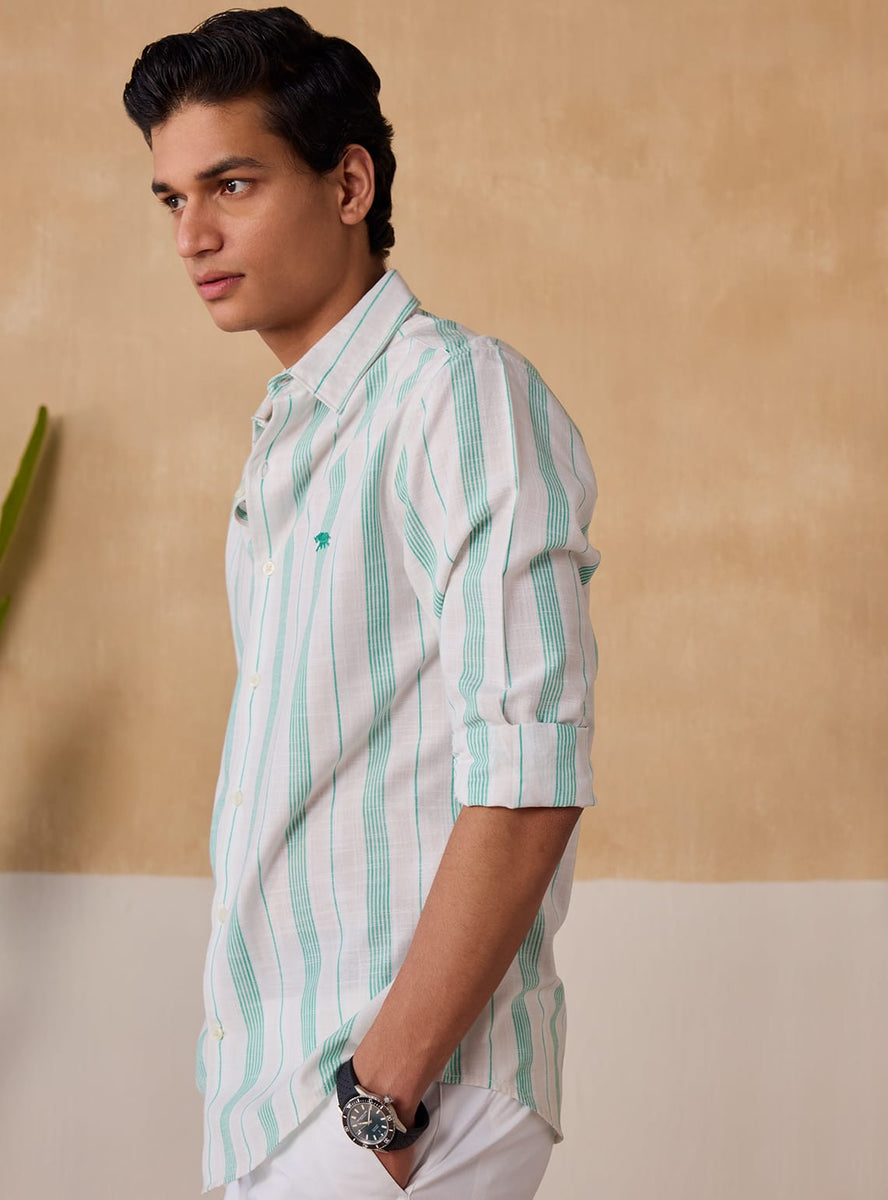 Buy Neptune Stripe Shirt | Casual Green Stripe Shirt for Men Online ...