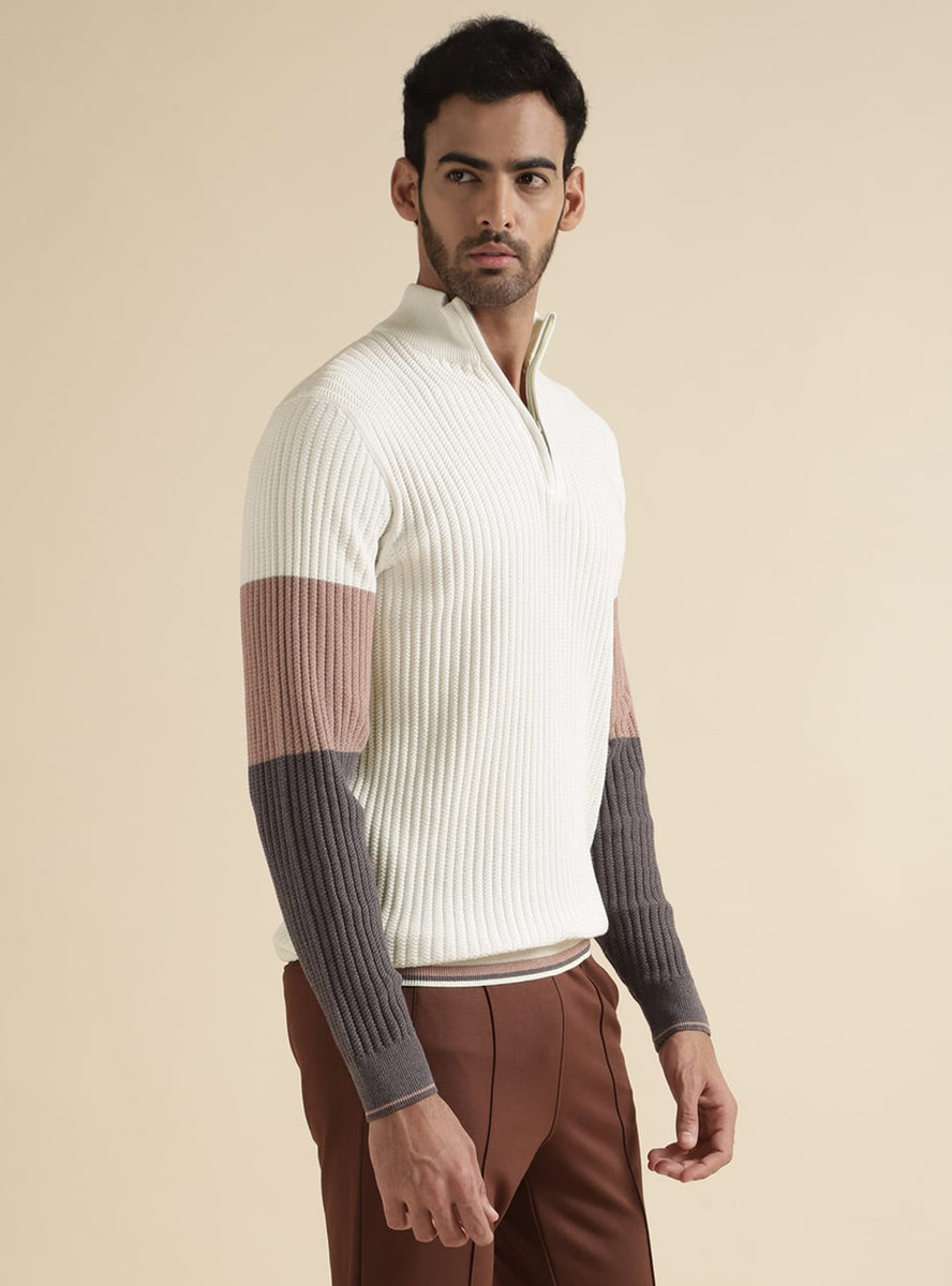 Buy White Colour Block Pullover | Casual Off white Solid Pullovers for ...