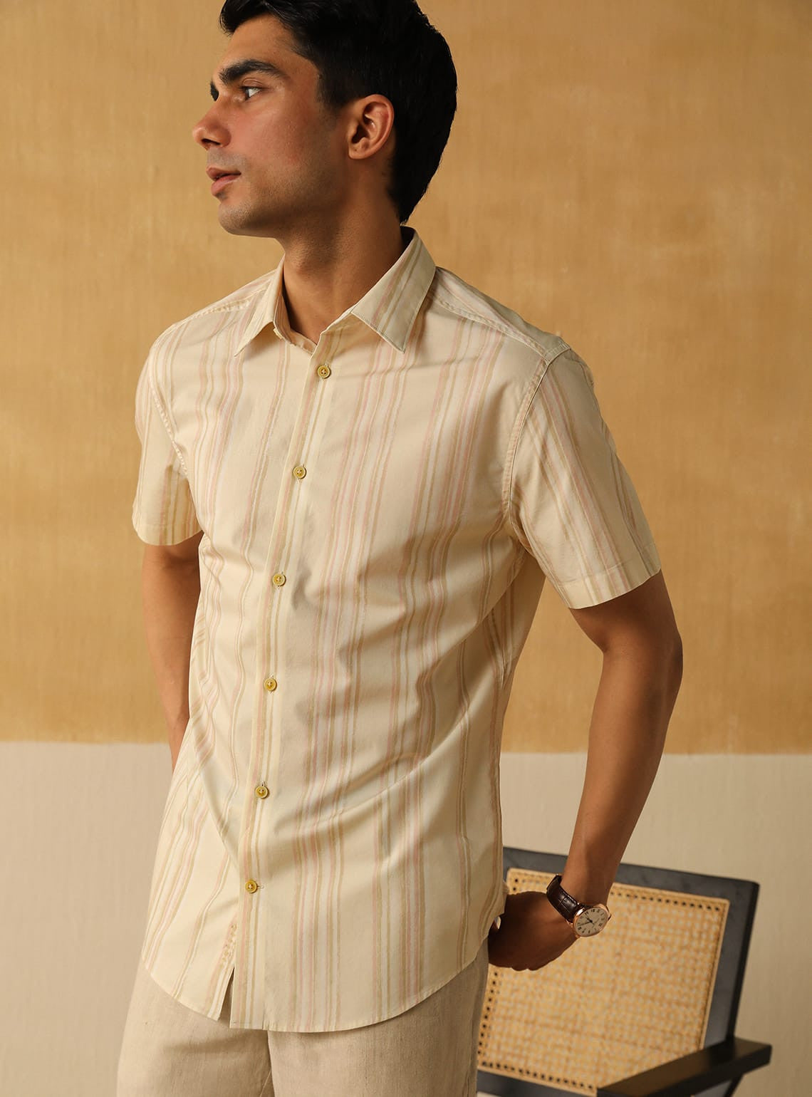 Buy Bone Stripe Shirt | Casual Beige Print Shirt for Men Online | Andamen