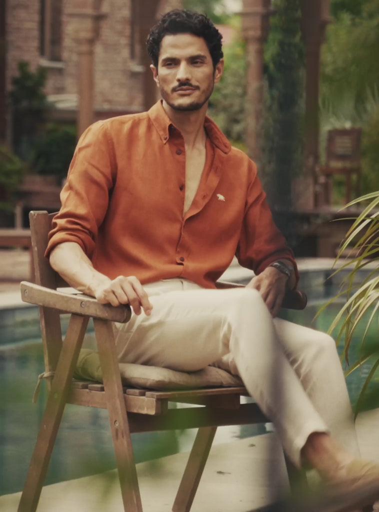 Buy Sienna Rust Linen Shirt | Casual Rust Solid Shirt Neck for Men ...
