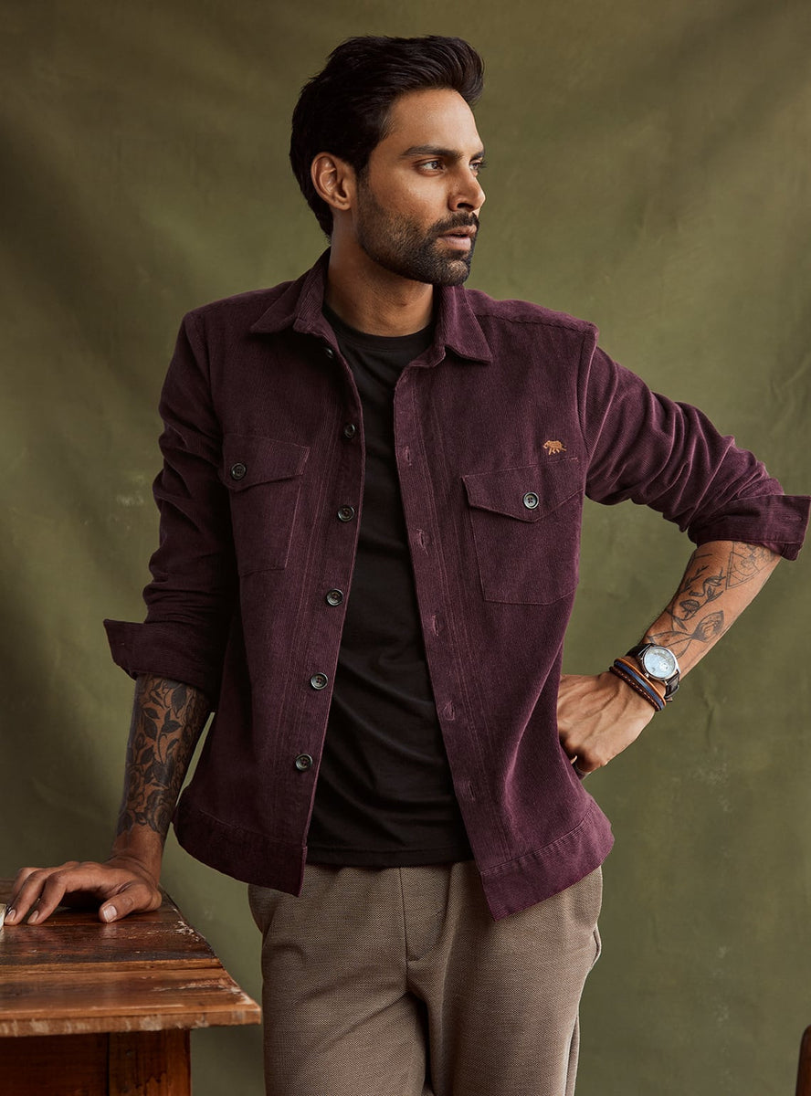 Buy Burgundy Corduroy Overshirt | Casual Burgundy Solid Overshirt for ...