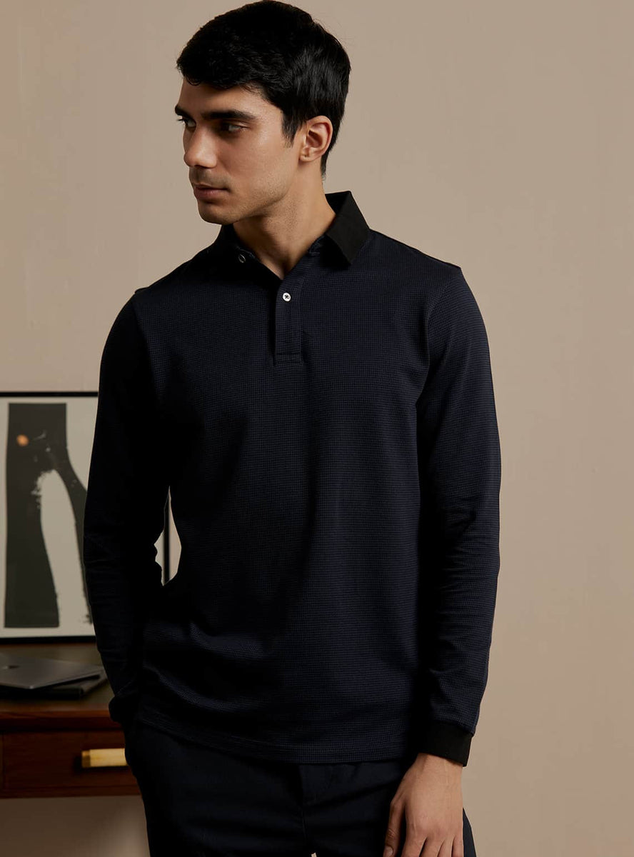 Buy Midnight Blue Polo | Casual Navy Jacquard Polo for Men Online | Andamen