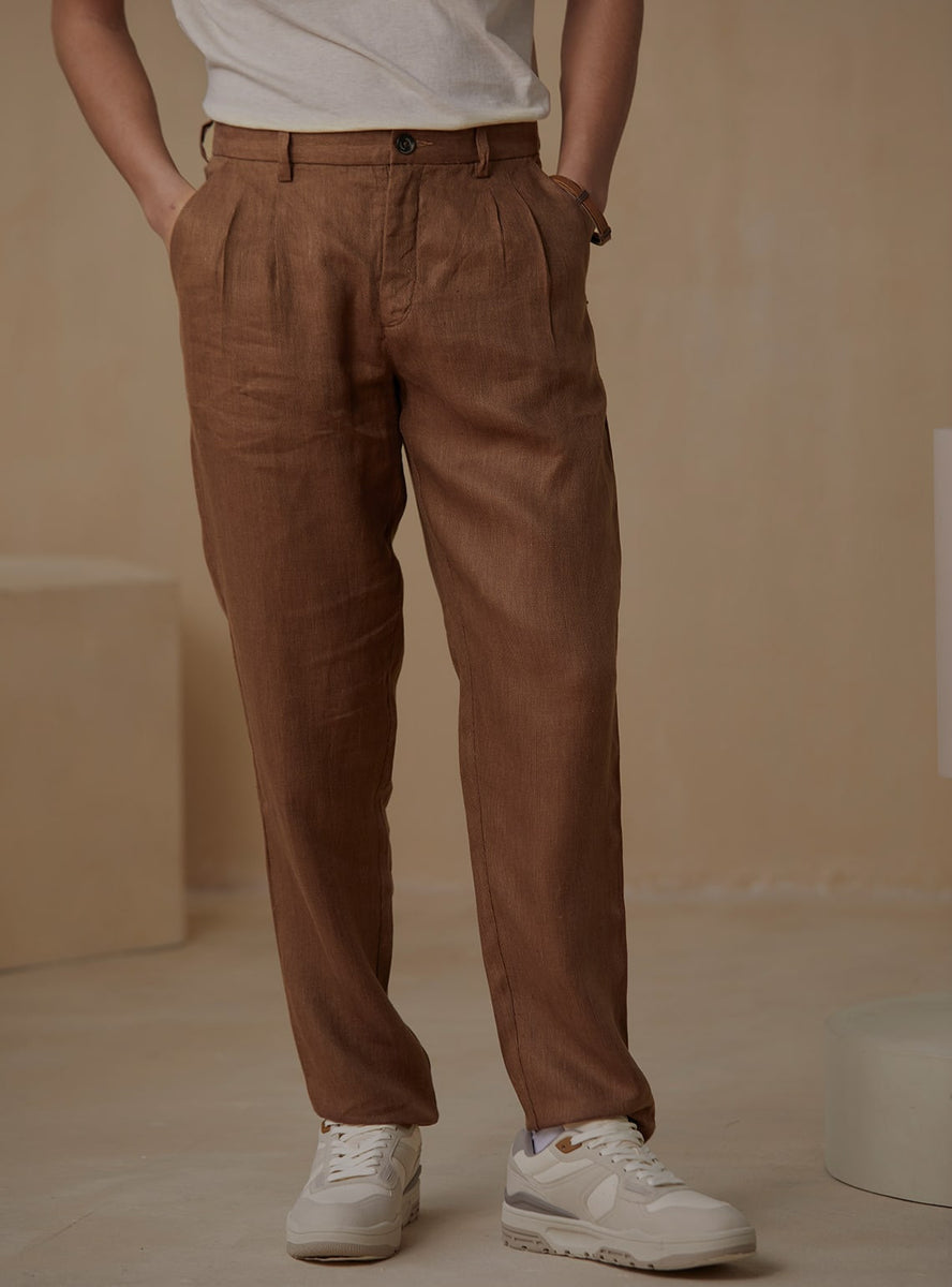 Cherrywood Linen Pants Casual Brown Solid Pant for Men Online | Andamen