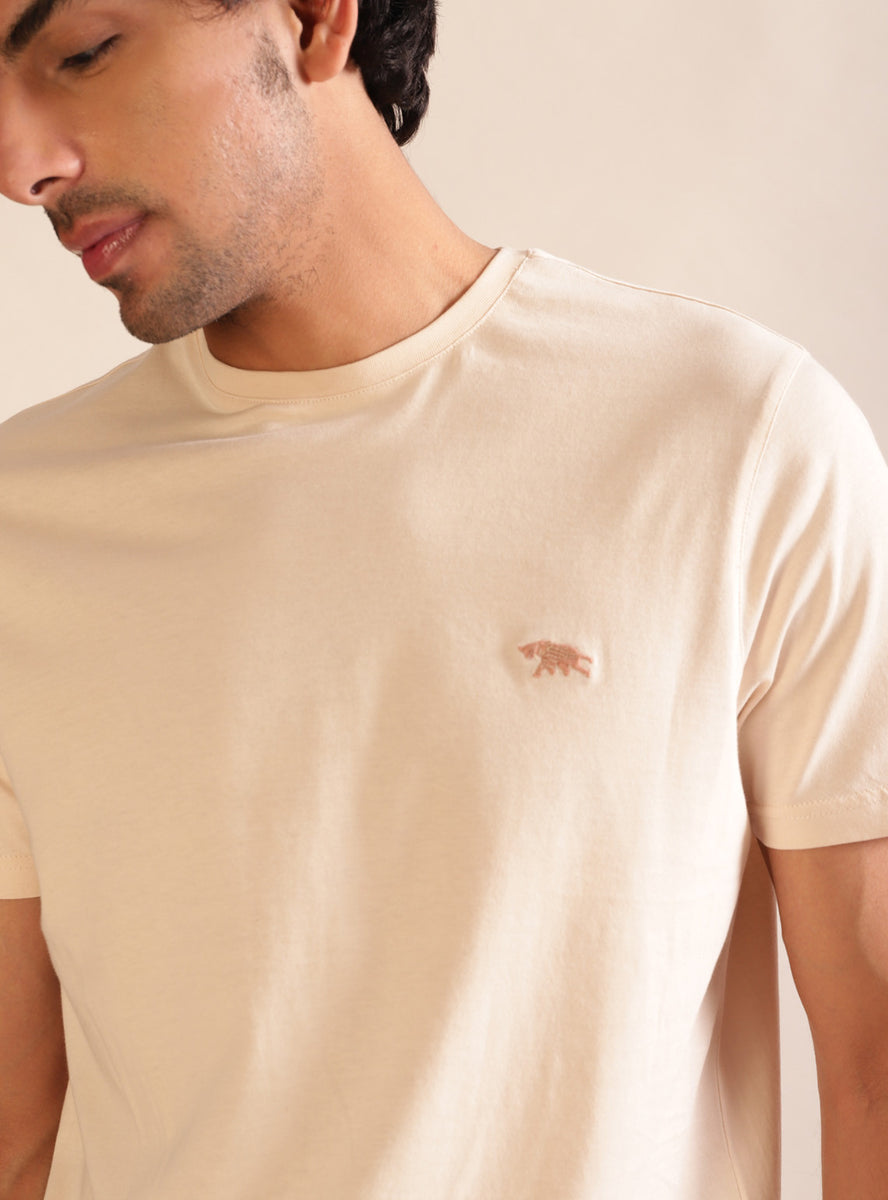 Buy Alabaster Crew | Casual Beige Solid Crew Neck for Men Online | Andamen