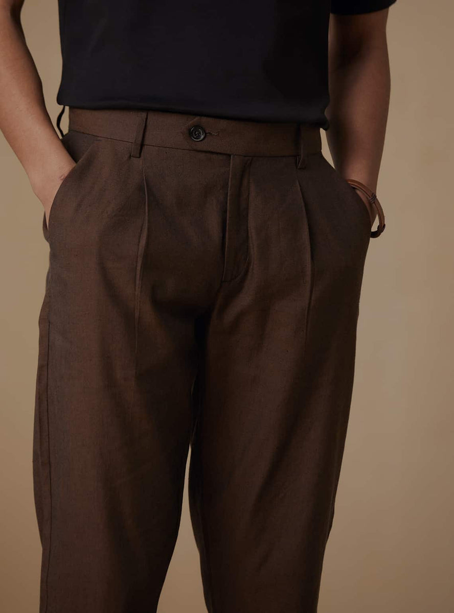 Coffee Linen Pants Casual Brown Solid Pant for Men Online | Andamen
