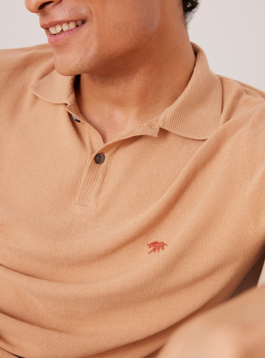 Buy Coral Sand Knit Polo | Casual Brown Solids Polos for Men Online ...