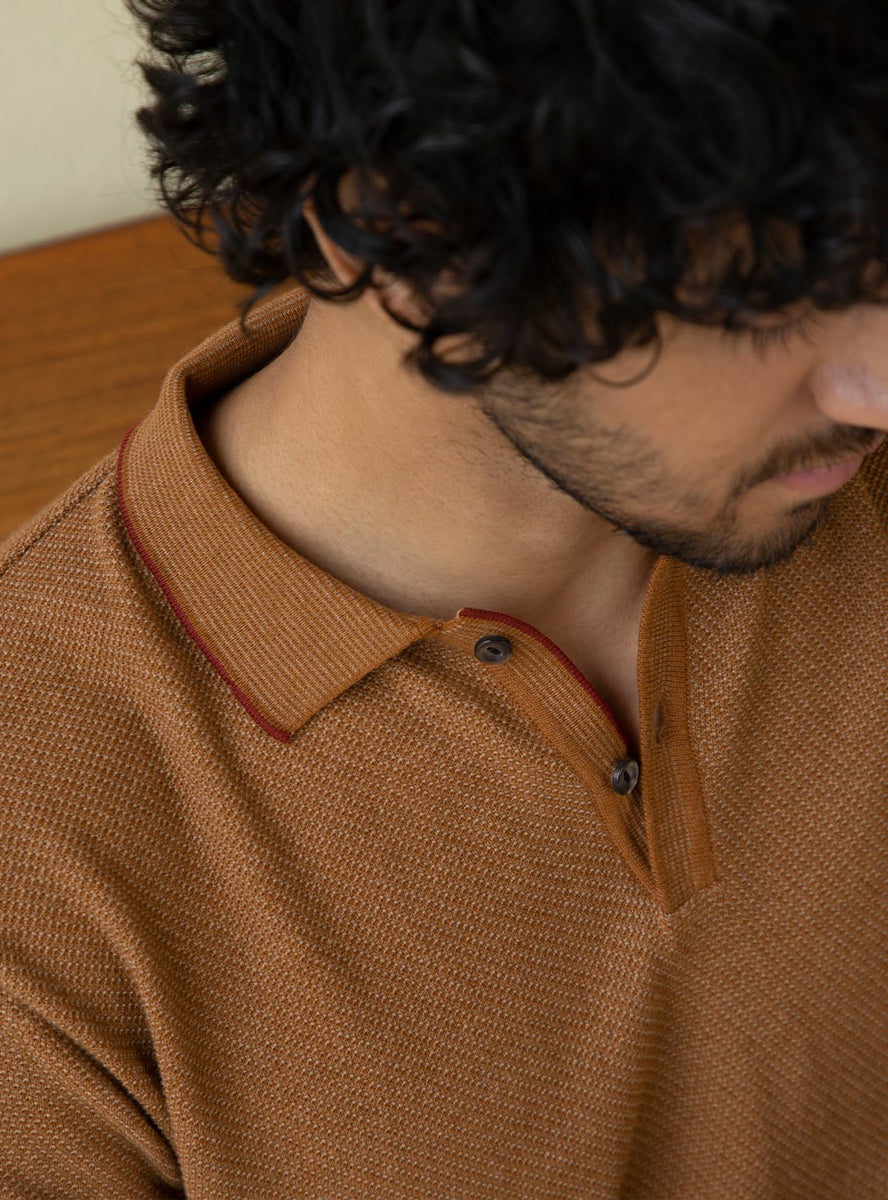Buy Terracotta Knit Polo Casual Gold Solid Polos For Men Online Andamen 7046