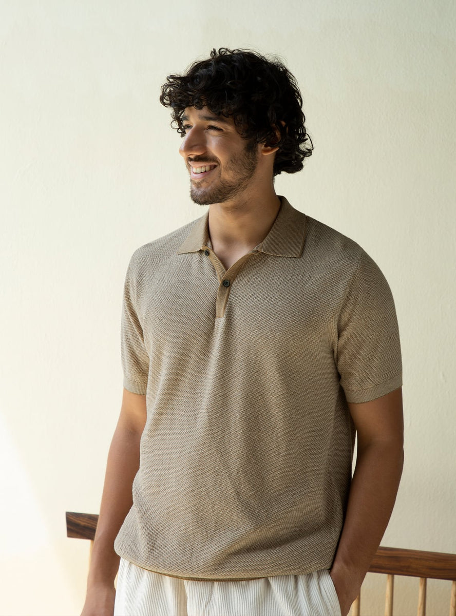 Buy Almond Grey Knit Polo | Casual Khaki Solid Polos for Men Online ...