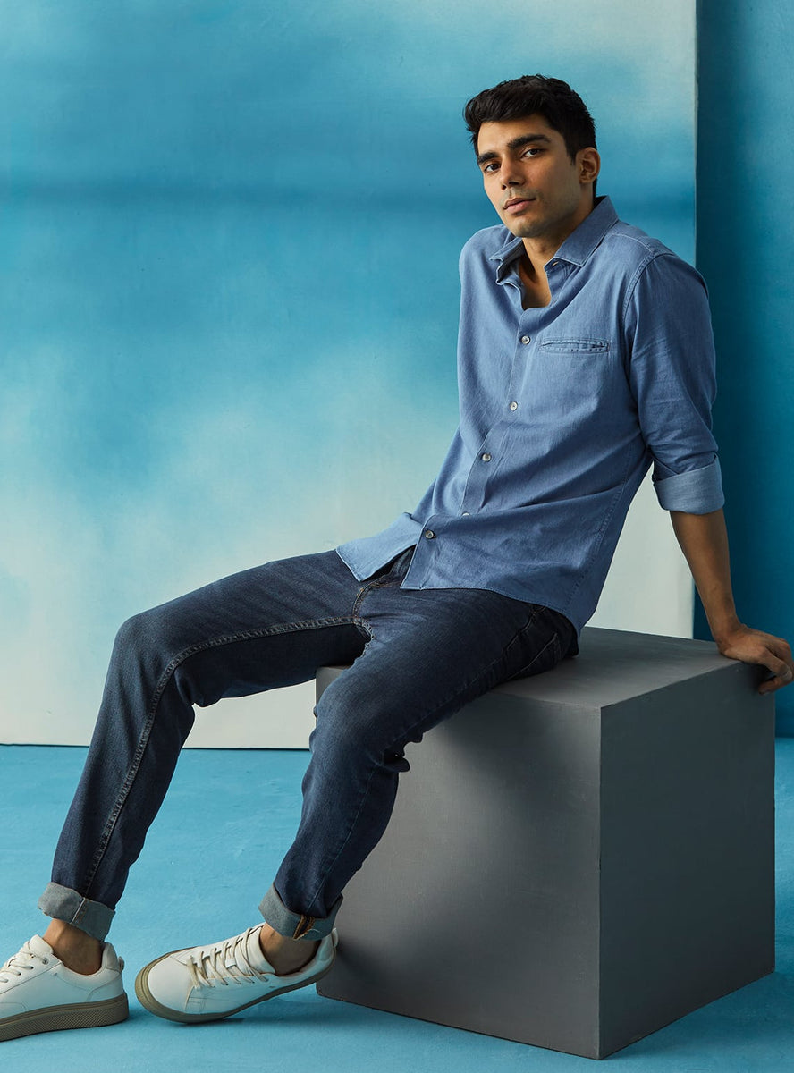Buy Indigo Steel Shirt | Semi Casual Indigo Solid Shirts for Men Online ...
