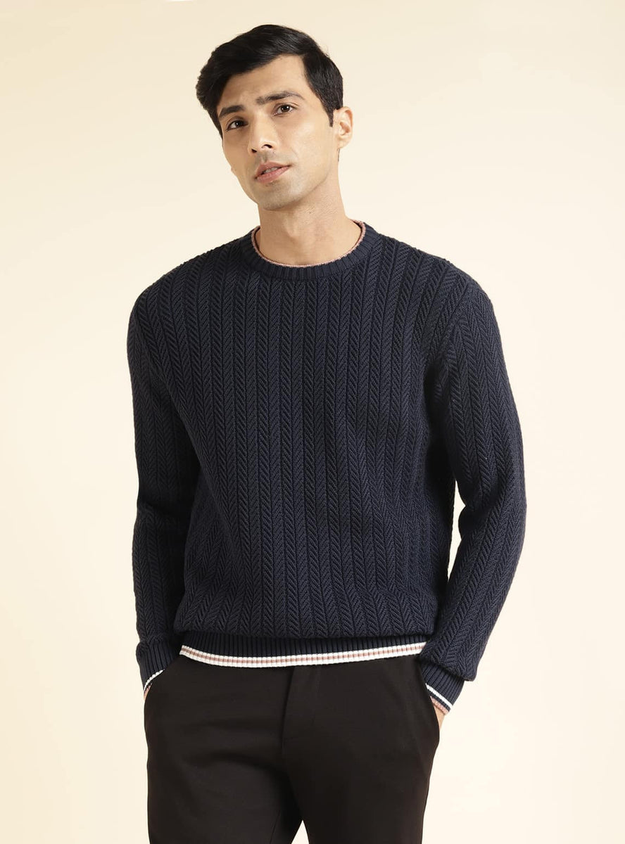 Buy Prussian Blue Pullover | Casual Navy Solid Trousers for Men Online ...