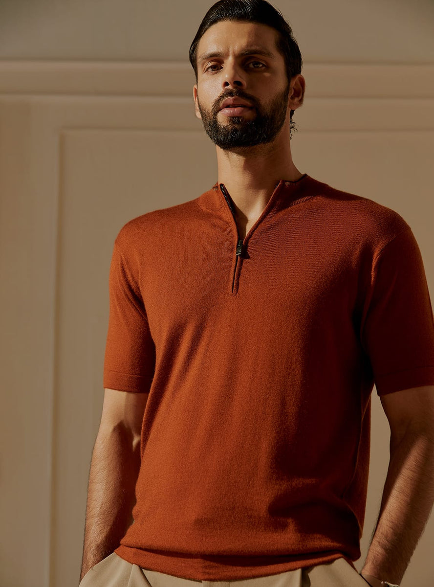 Buy Caramel Merino Blend Polo | Casual Brown Solid Polo for Men Online ...
