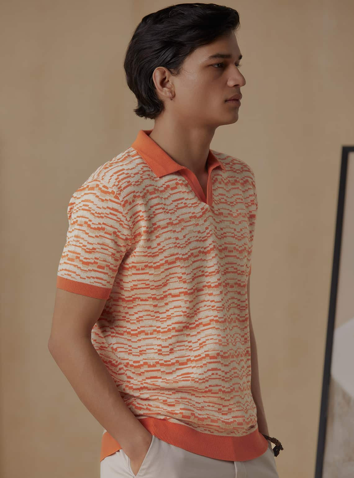 Fire Pixel Polo Casual Orange Jacquard Polo for Men Online | Andamen