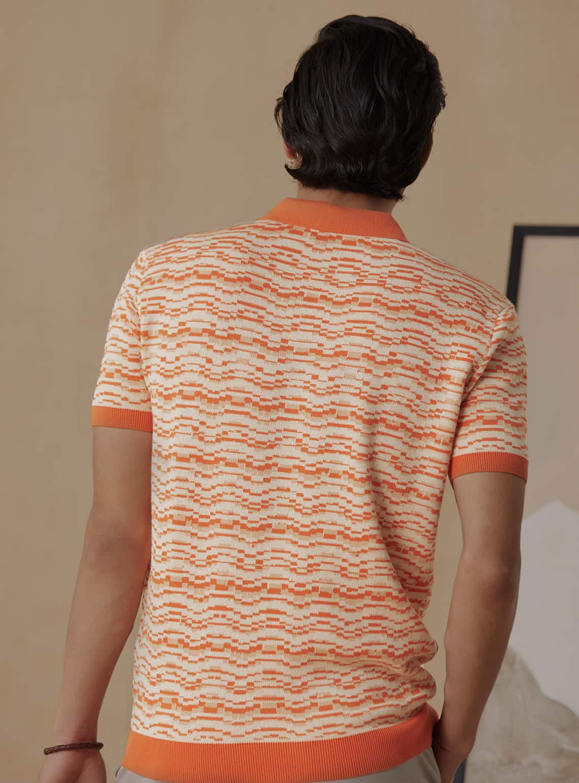 Fire Pixel Polo Casual Orange Jacquard Polo for Men Online | Andamen